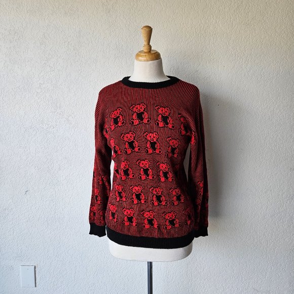 Vintage | Sweaters | Vintage 8s 90s Red Black Teddy Bears Acrylic Sweater Grateful Dead Knit ...